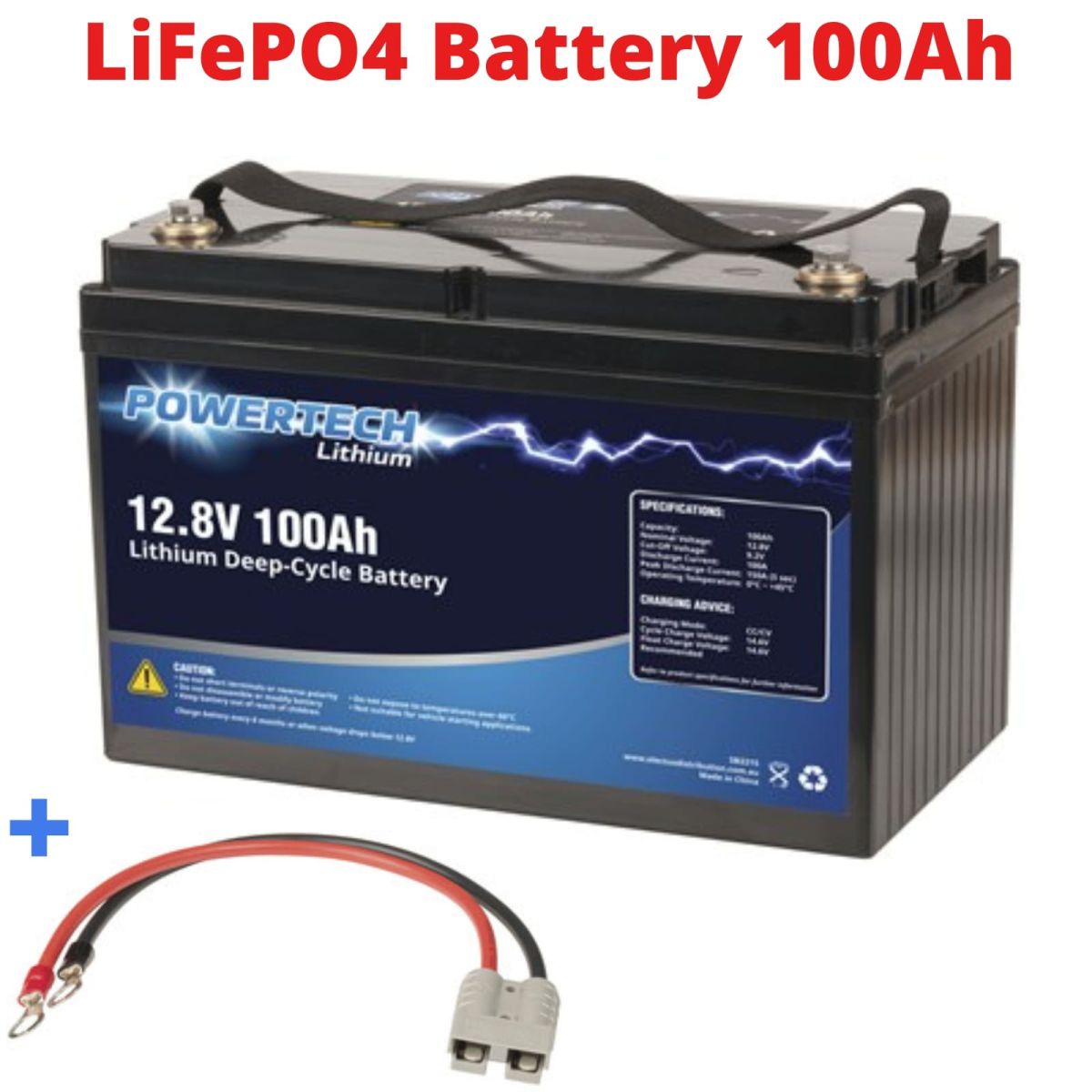 12V Battery Lithium Deep Cycle LiFePO4 100 Ah BMS 1280 Wh Marine Sealed Power + Lead